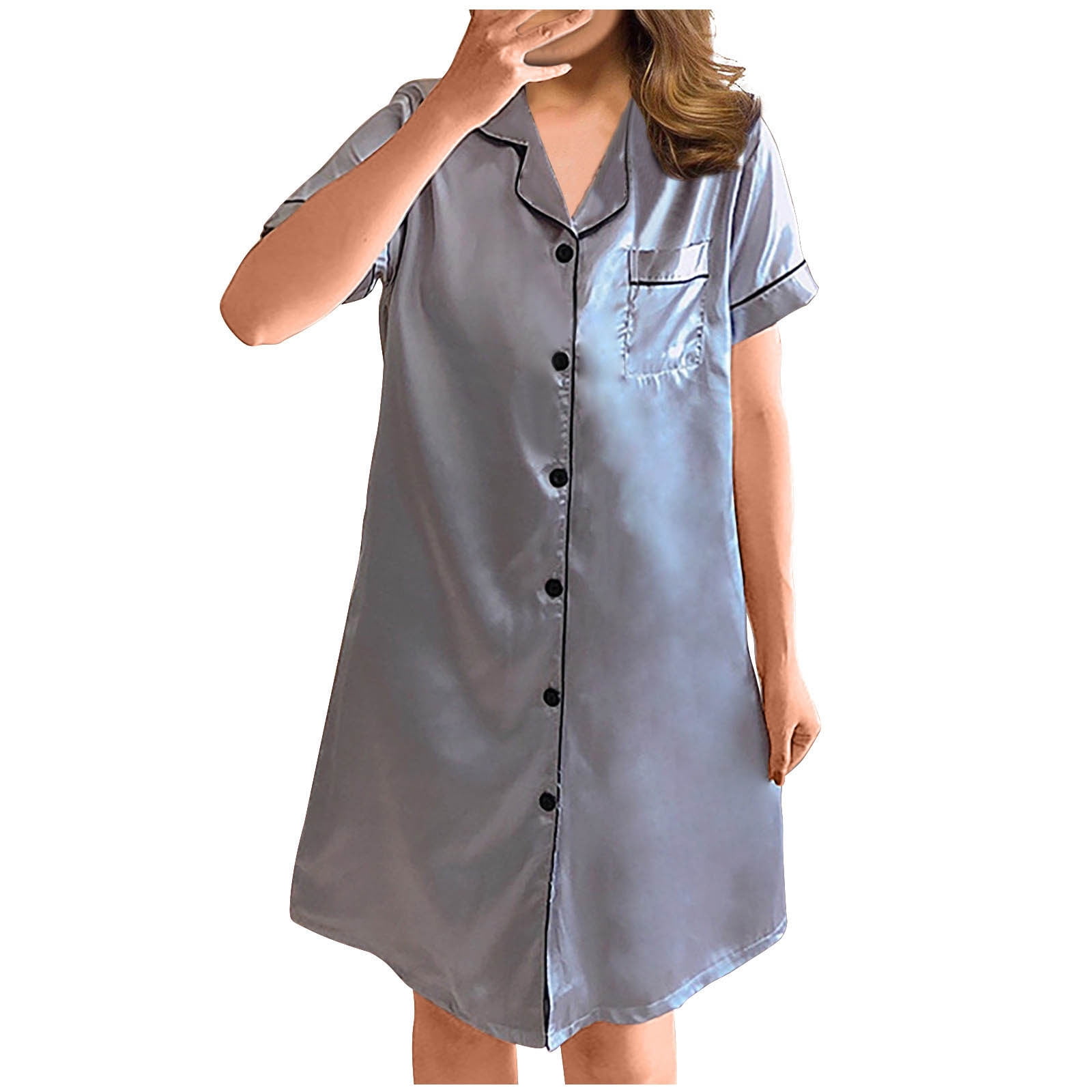 Posijego Women's Satin Nightgown Short Sleeve Pajama Dress Button Down ...