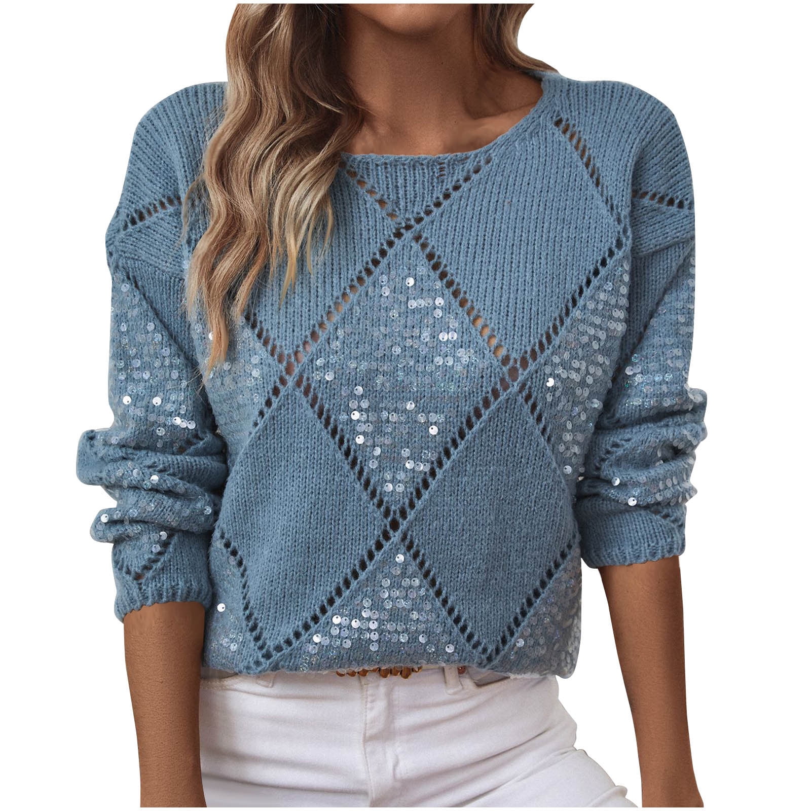 Posijego Women's Sparkly Sequin Sweaters Hollow out Crochet Knit ...