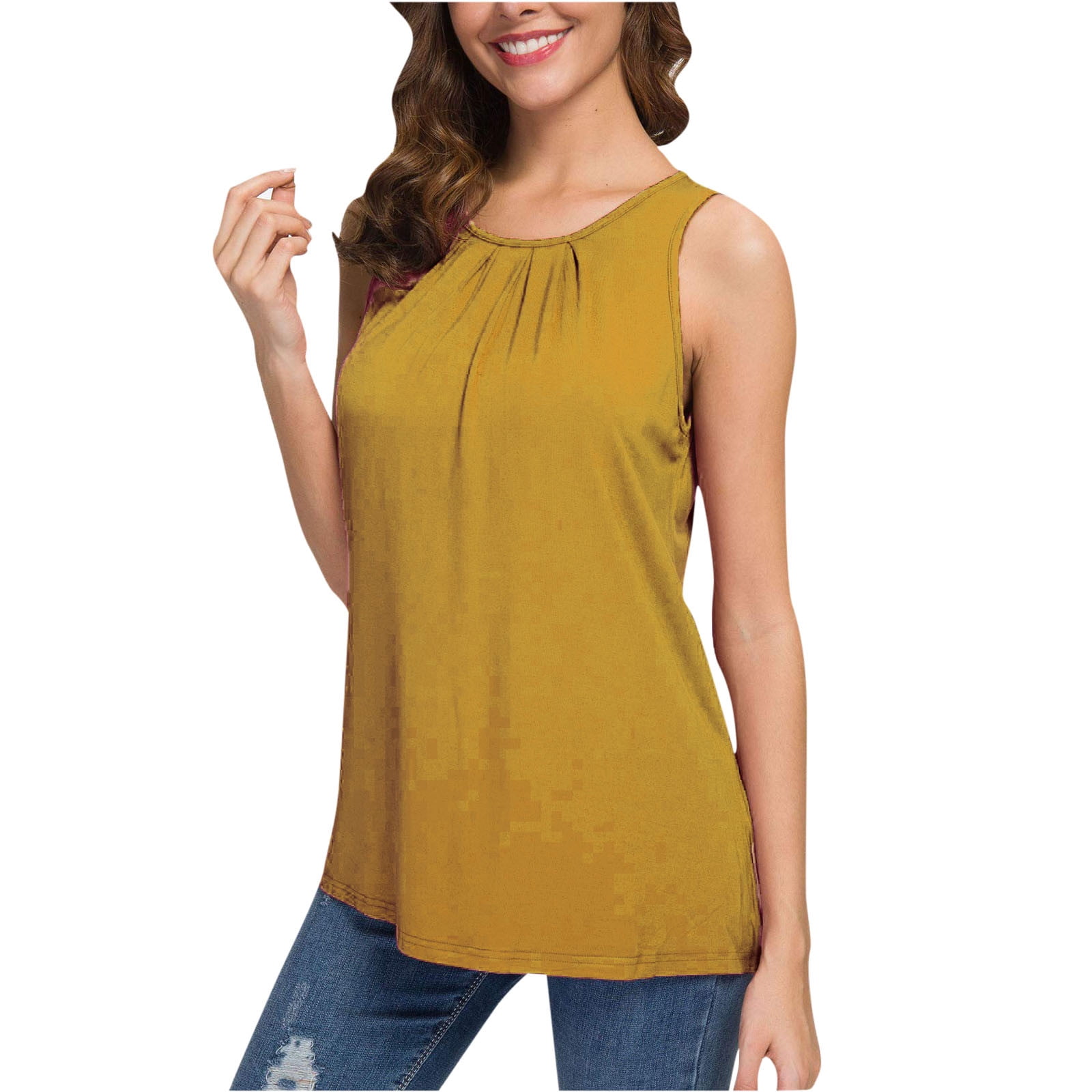 Posijego Womens Summer Tank Tops Round Neck Pleated Sleeveless Tunic Shirts Soft Tank Top For