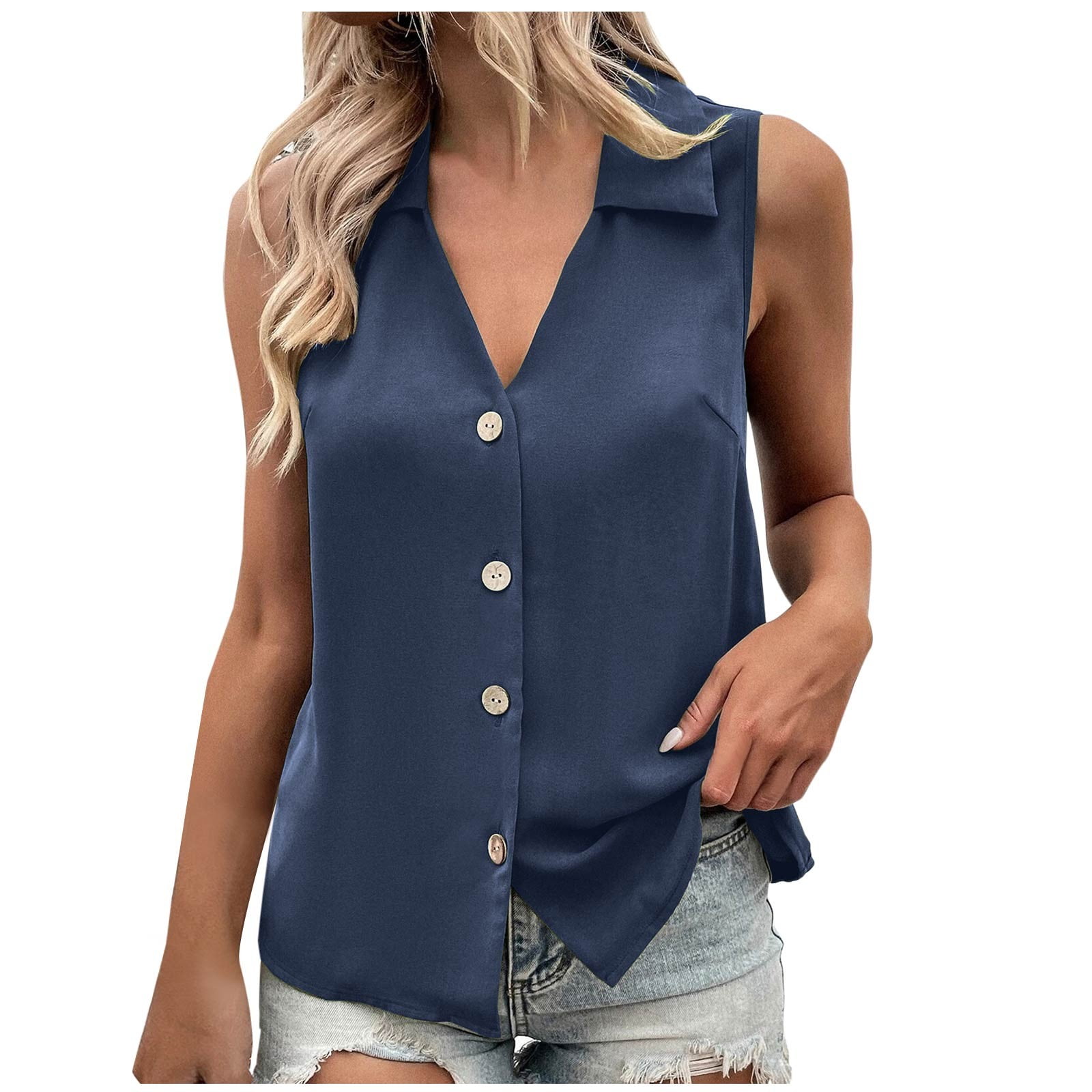 Posijego Womens Business Tank Tops V Neck Collared Sleeveless Button ...