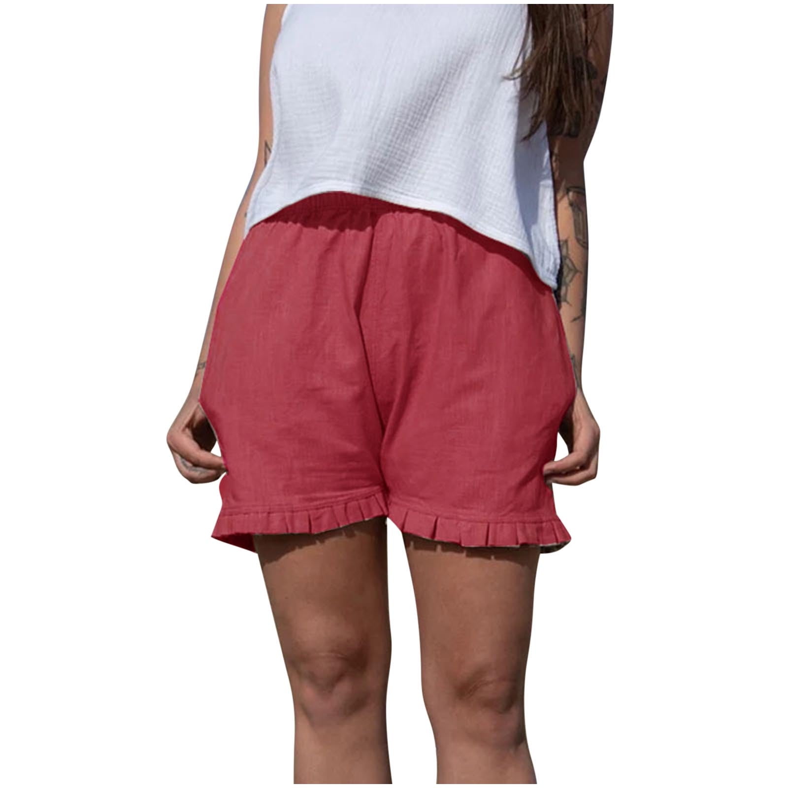 Posijego Womens Cotton Linen Casual Shorts Elastic High Waist Wide Leg ...