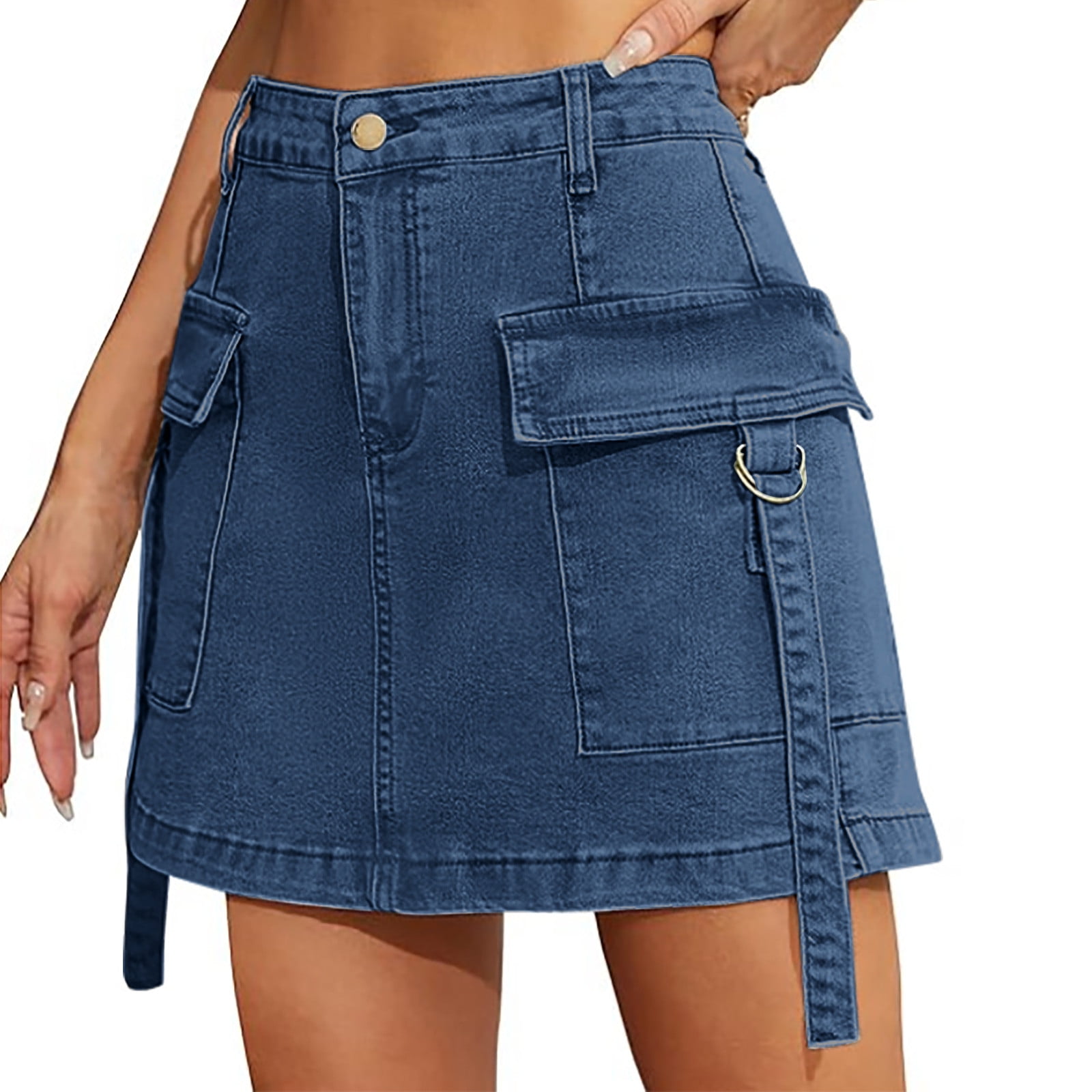 Posijego Womens Denim Cargo Skirt Elastic Waist Hip Wrap Mini Skirt ...