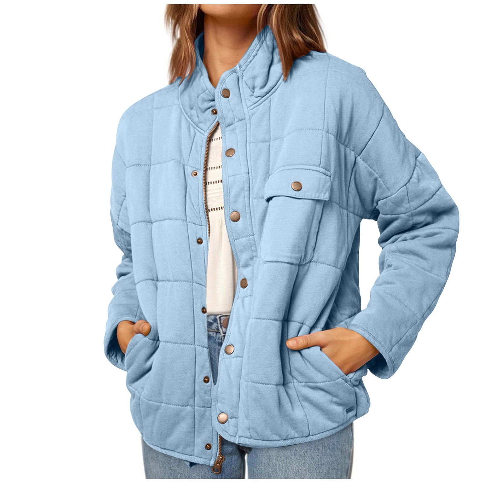 Posijego Womens Lightweight Quilted Puffer Jacket Button Oversized Warm Coat Casual Outerwear ...