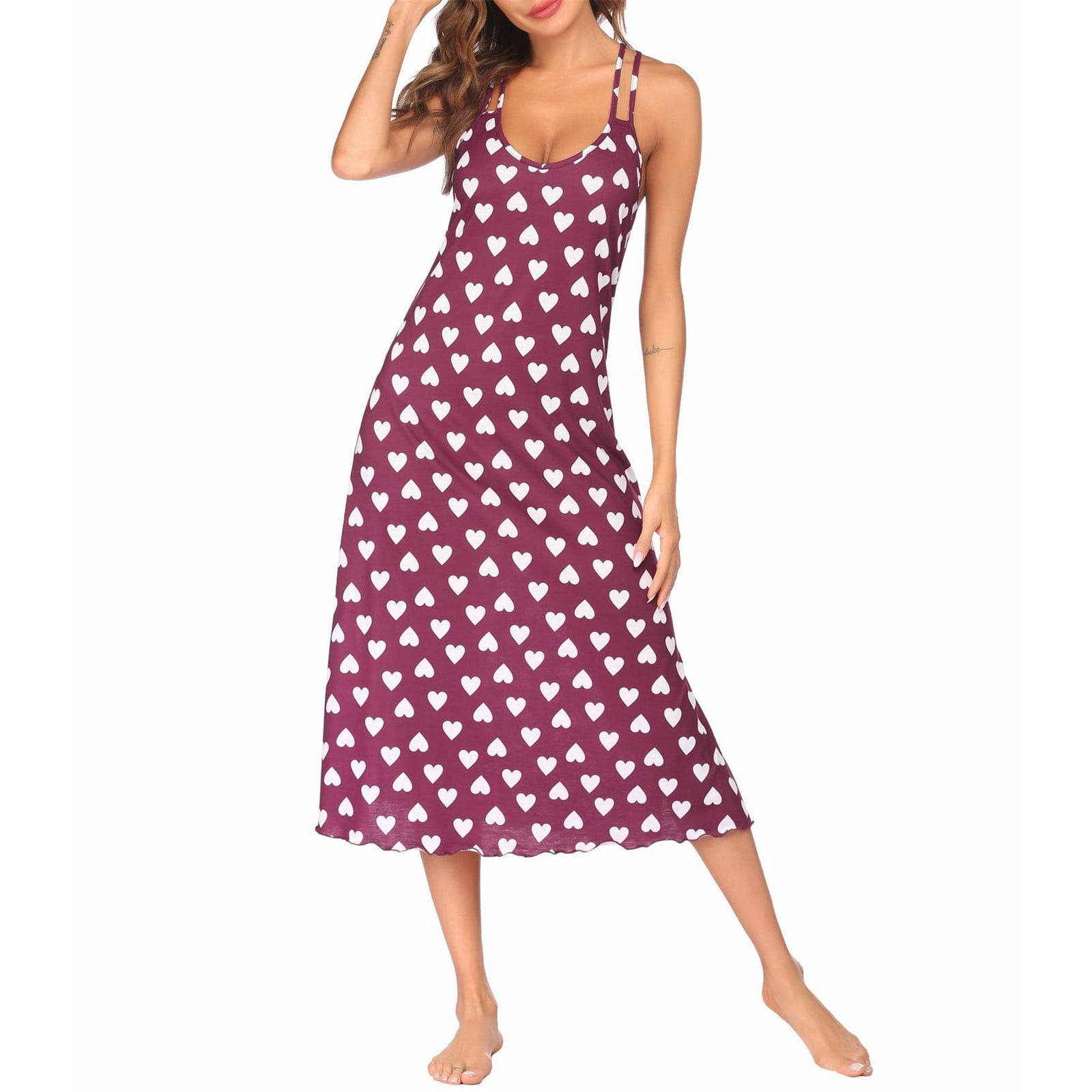 Posijego Womens Nightgowns Heart Print Spaghetti Straps V Neck ...