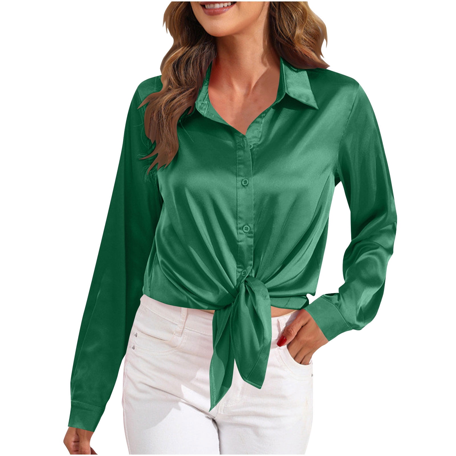 Posijego Womens Satin Work Tops Collared Button down Dress Shirts for ...