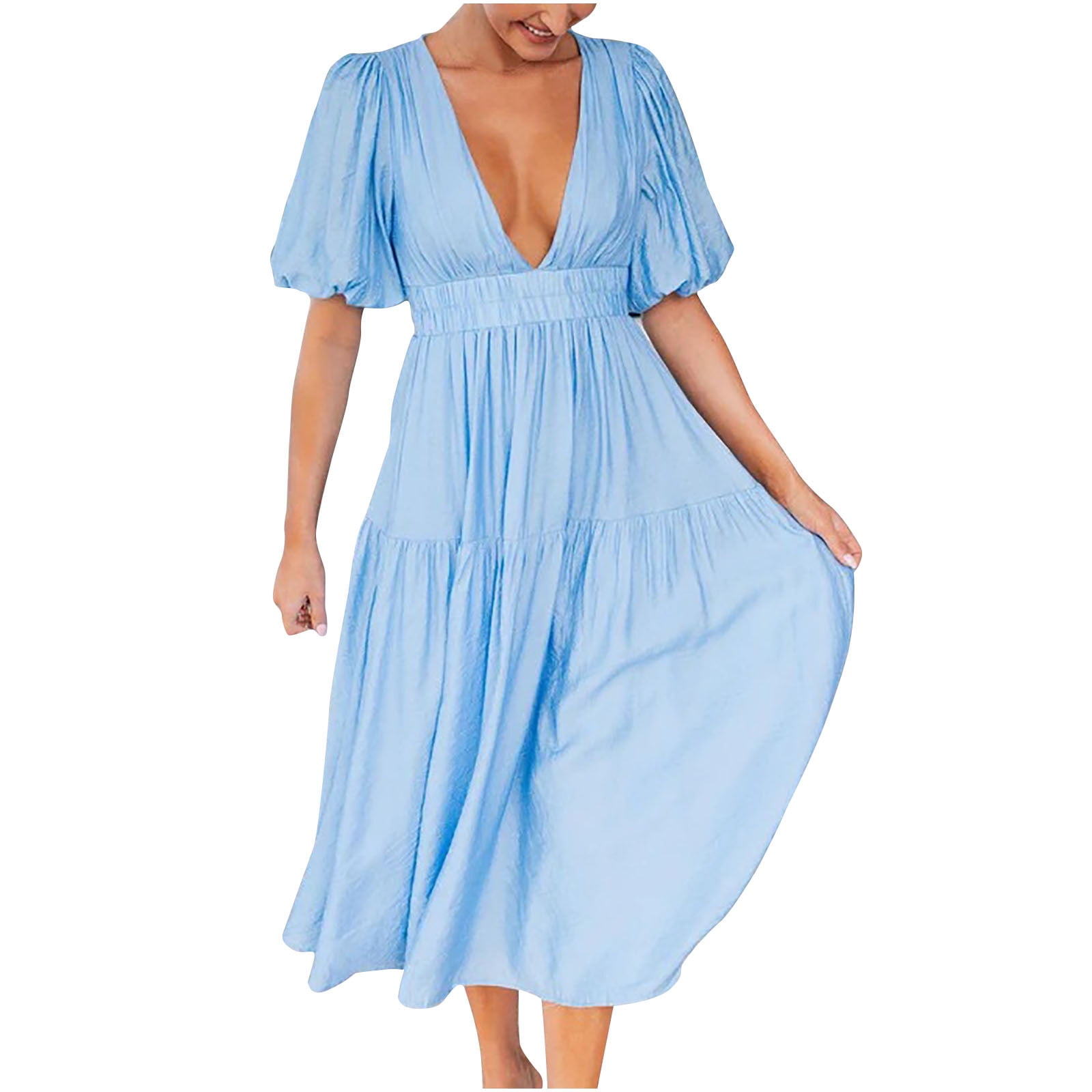 Posijego Womens Summer Dresses V Neck Smocked Boho Dresses Puff Sleeve ...