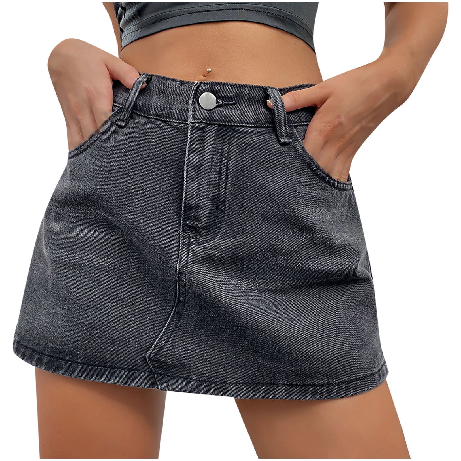 Posijego Womens Wrap Denim Mini Skorts High Waist Button Pull On Jeans