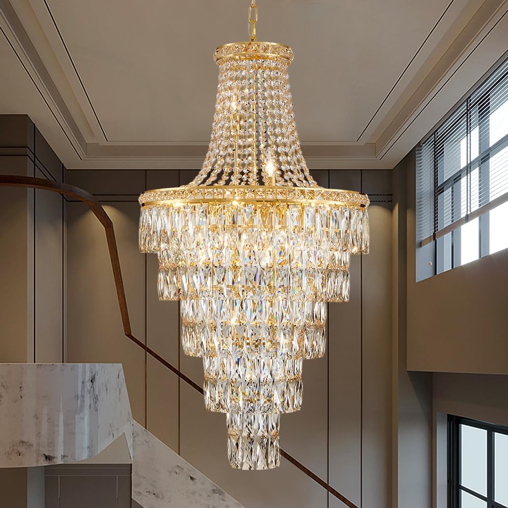 FINE MAKER Luxury Crystal Chandelier Pendant Light Gold Finish Ceiling ...