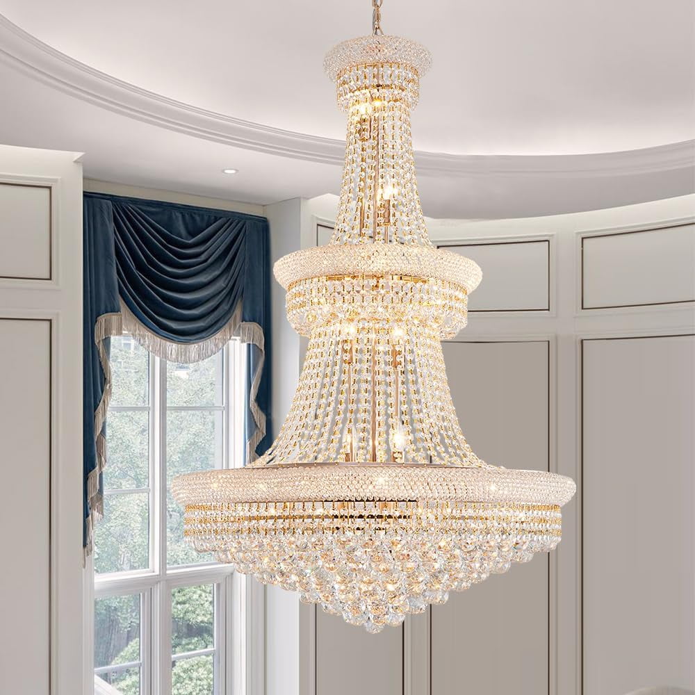 Posiosa Large Gold Crystal Chandelier Light - Diameter 31.5", 3 Layers Ceiling Haning ...