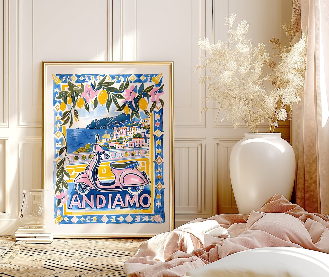 Positano Italy Art Poster: Retro Pink Motorino, Lemons, Unframed Poster ...