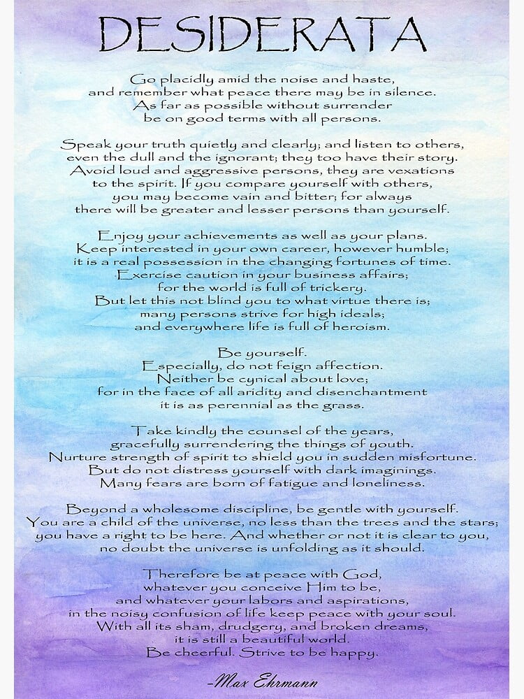 Positive Desiderata Poem Gift Max Ehrmann Motivational Design With Desiderata Quote and Blue Sky ...