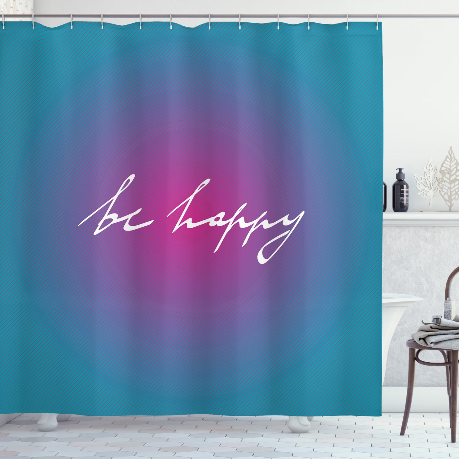 Positive Energy Shower Curtain, Hand Written Be Happy Words on Color ...