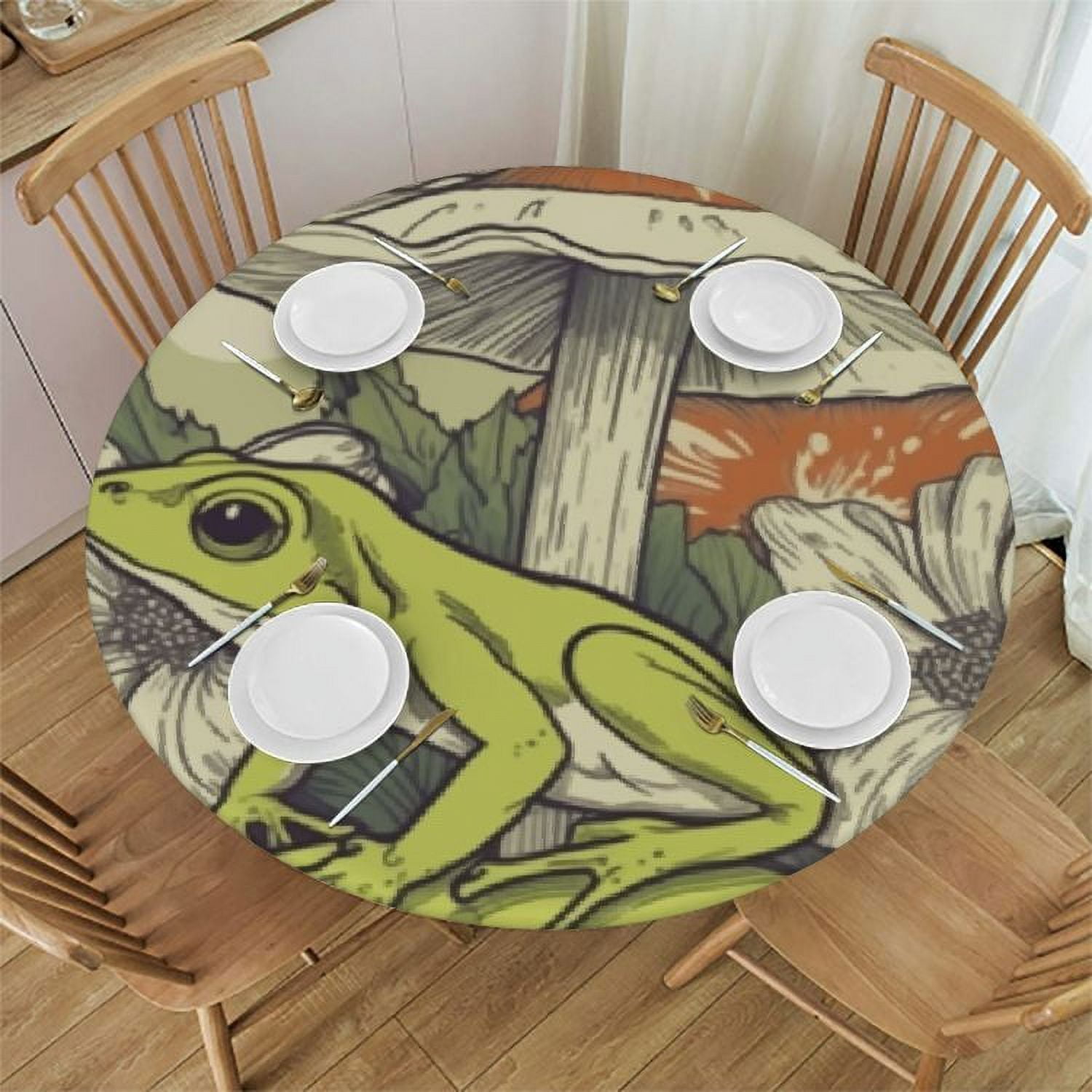 Positive Stay Happy Frog Mushroom Table Cloth Cover Elastic Edge Table ...
