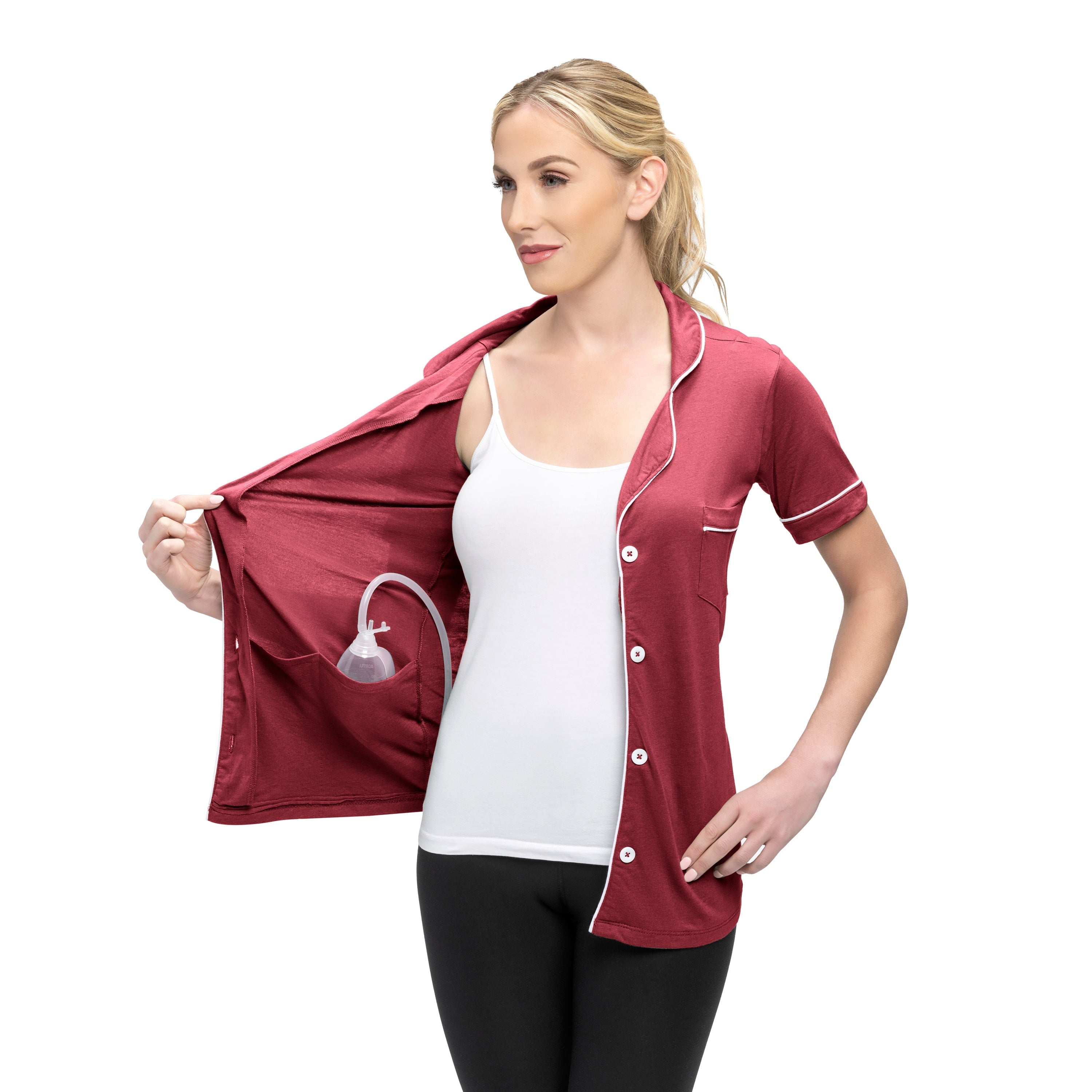 USBD Women Cotton Post Mastectomy Recovery Shirt, Lapel Collar, Maroon ...