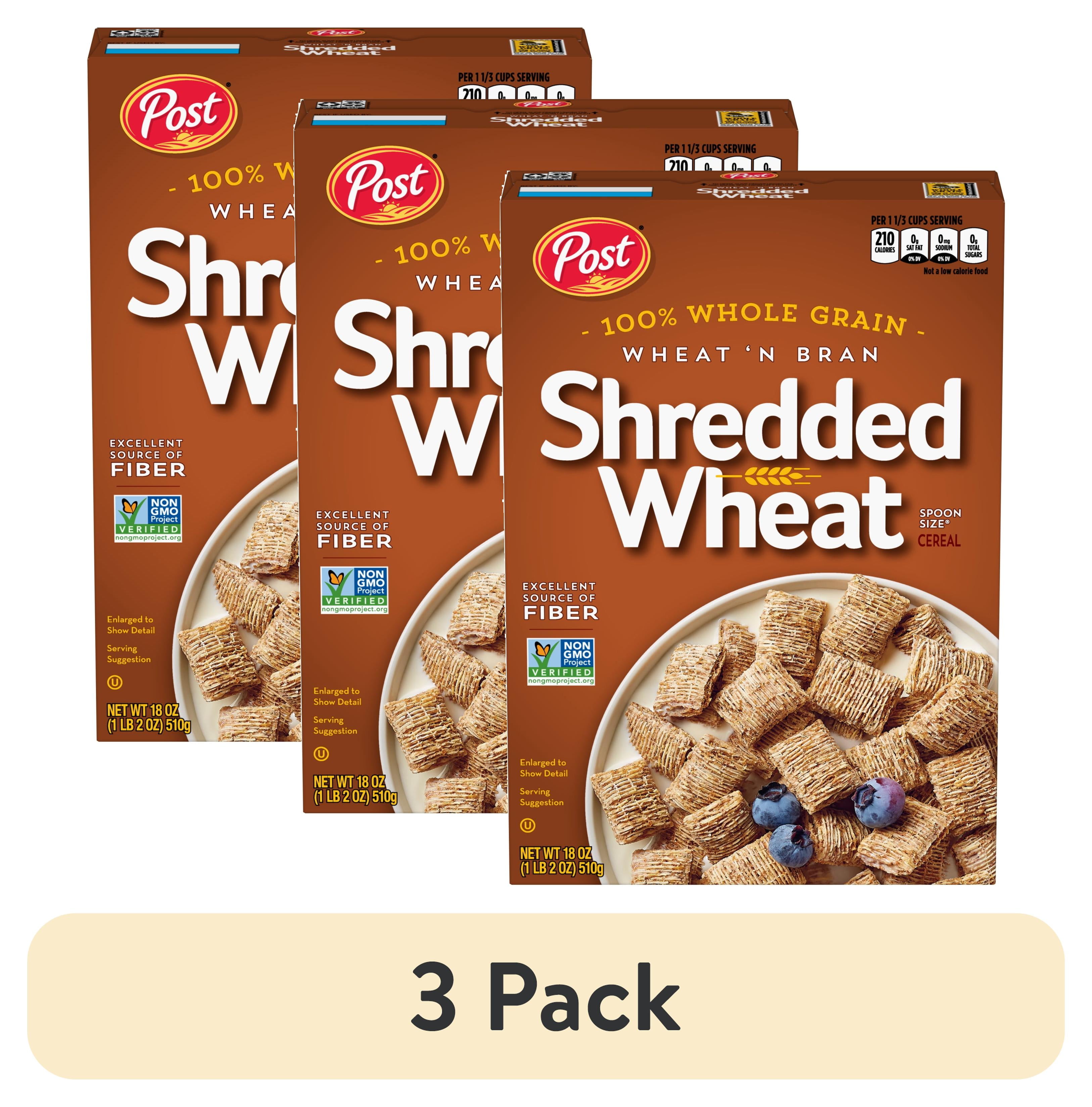 (3 pack) Post Wheat n Bran Shredded Wheat, High Fiber Breakfast Cereal, Certified Kosher ...