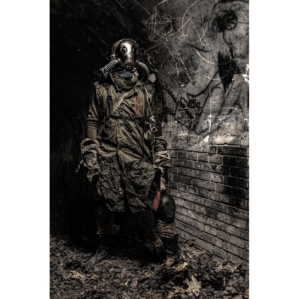 Post apocalyptic creature with machete hiding in a dark dungeon tunnel ...