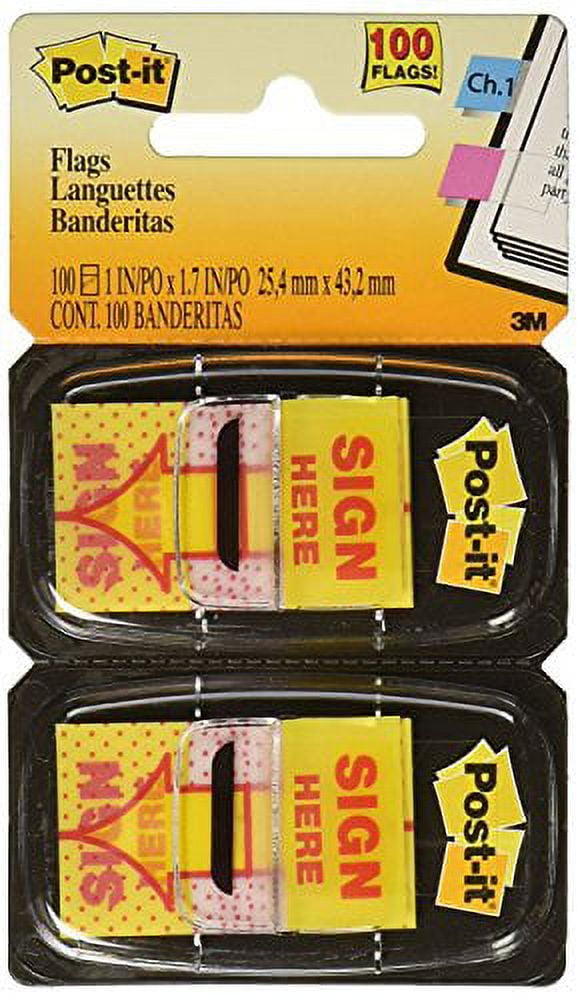 Post-it Arrow Message 1" Page Flags, Sign Here, Yellow, 50/Dispenser ...