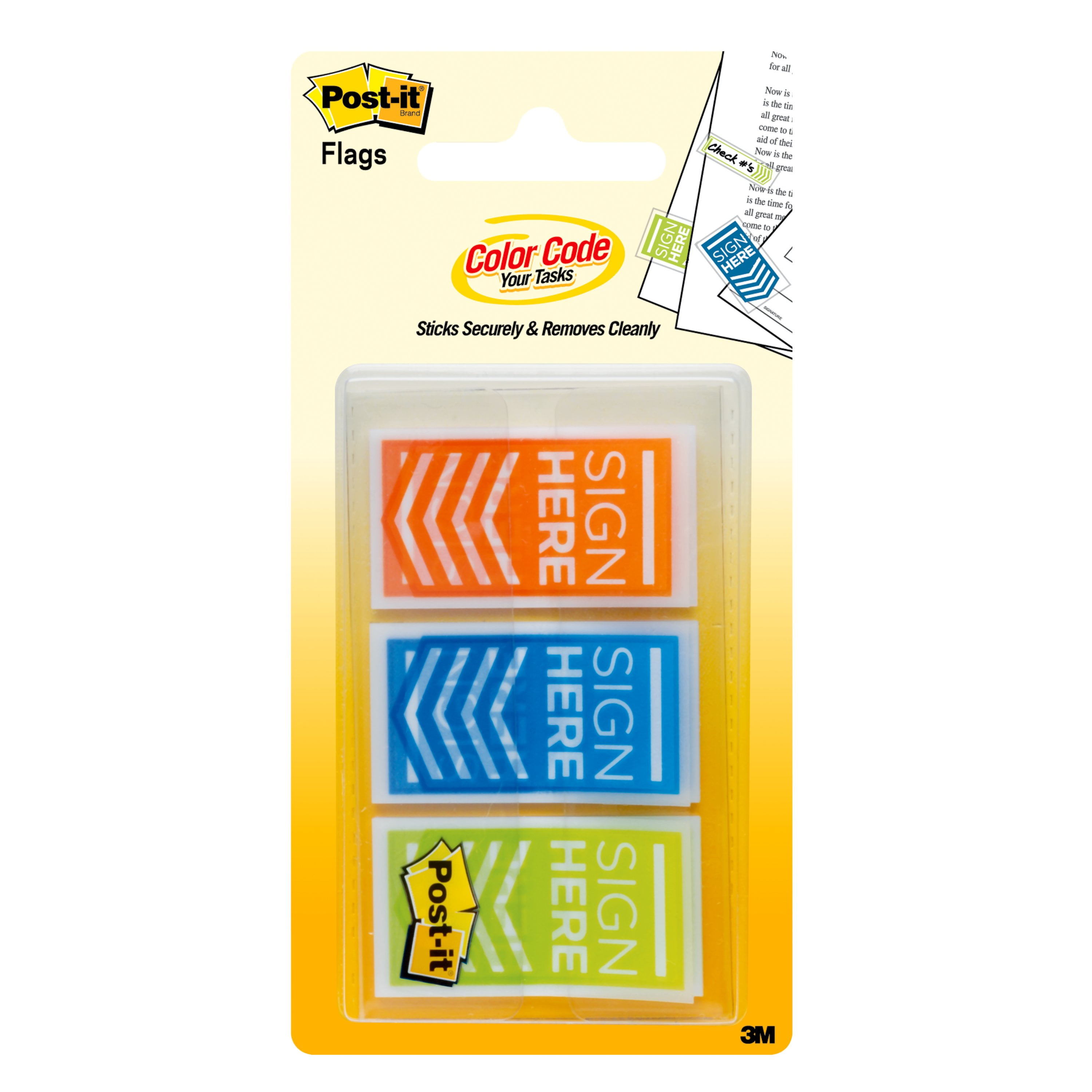Post-it® Message Flags, "Sign Here", Orange, Blue, Green, .94 in. Wide ...