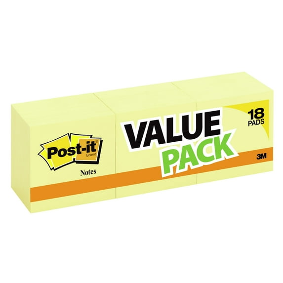 Post-it, Notes, 3" x 3", Canary Yellow, Pack Of 18 Pads - Walmart.com