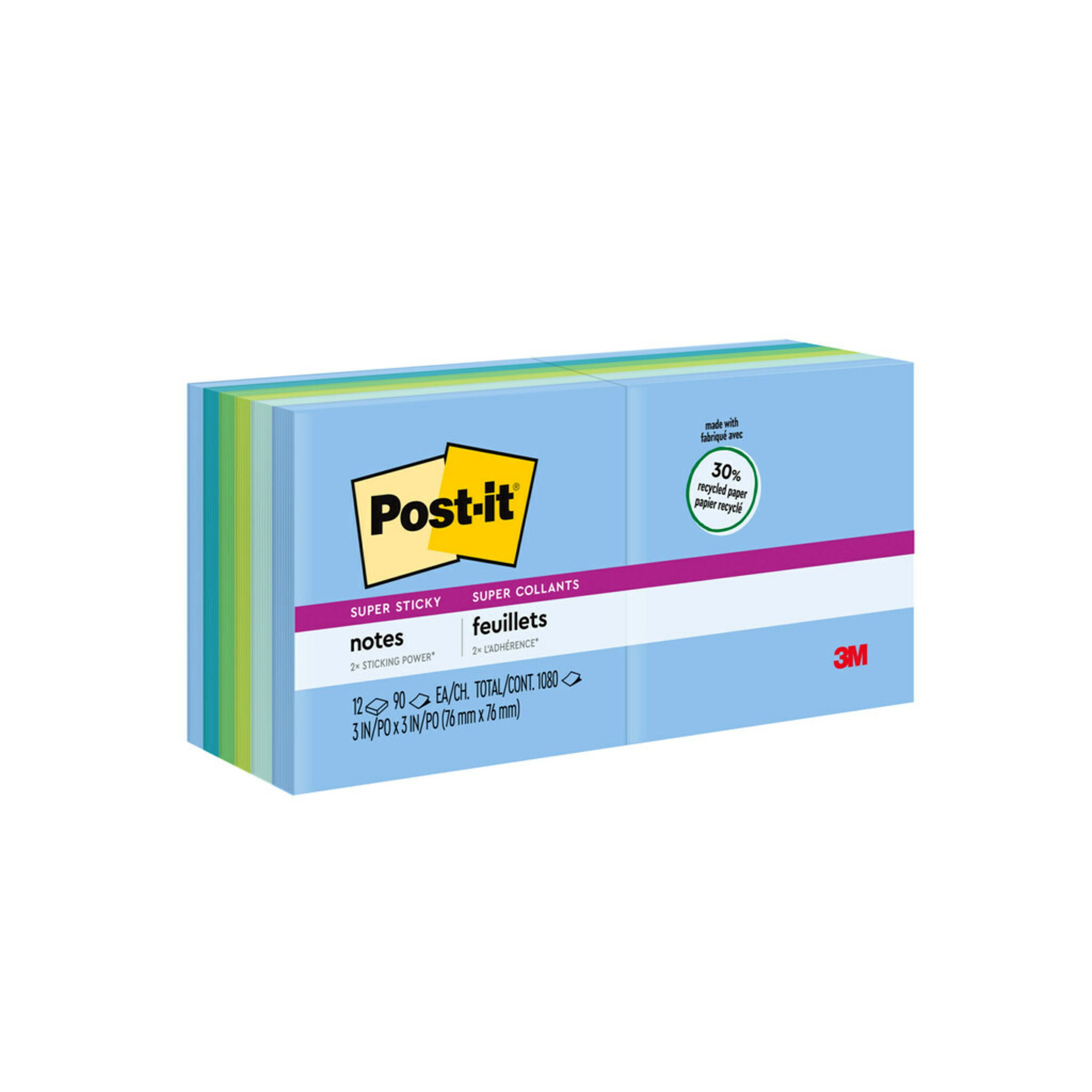 Post-it Recycled Super Sticky Notes, 3 in x 3 in, Oasis Collection, 12 ...