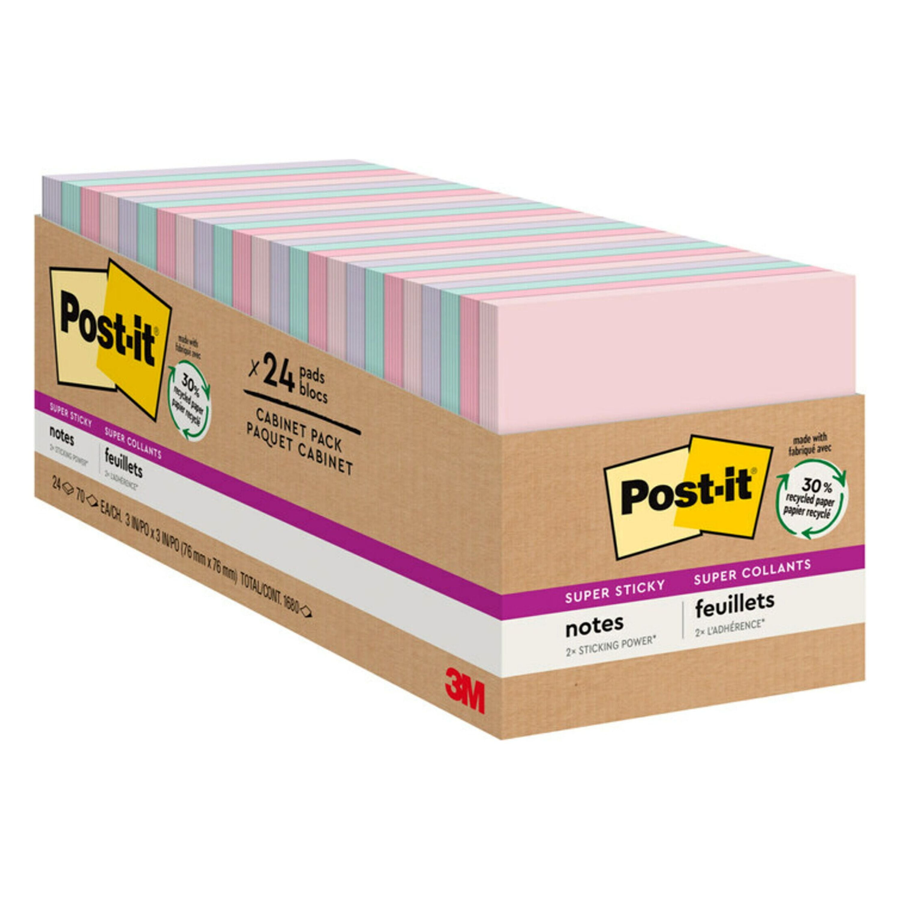 Post-it Recycled Super Sticky Notes, 3 in x 3 in, Wanderlust Pastels ...