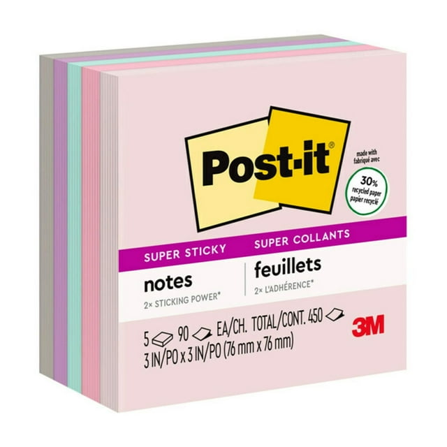 Post-it Recycled Super Sticky Notes, 3 in x 3 in, Wanderlust Pastels, 5 ...