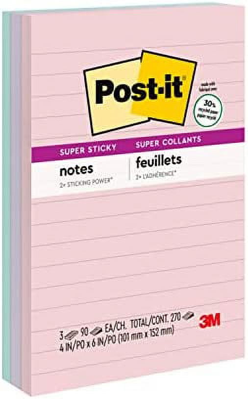 Post-it 4x6 in Super Sticky Recycled Notes, 3 Pads, Pastel Colors ...
