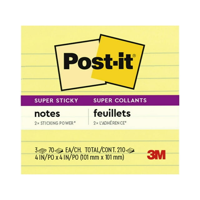 Post-it Super Sticky Lined Notes, Canary Yellow, 4 in. x 4 in., 70 ...