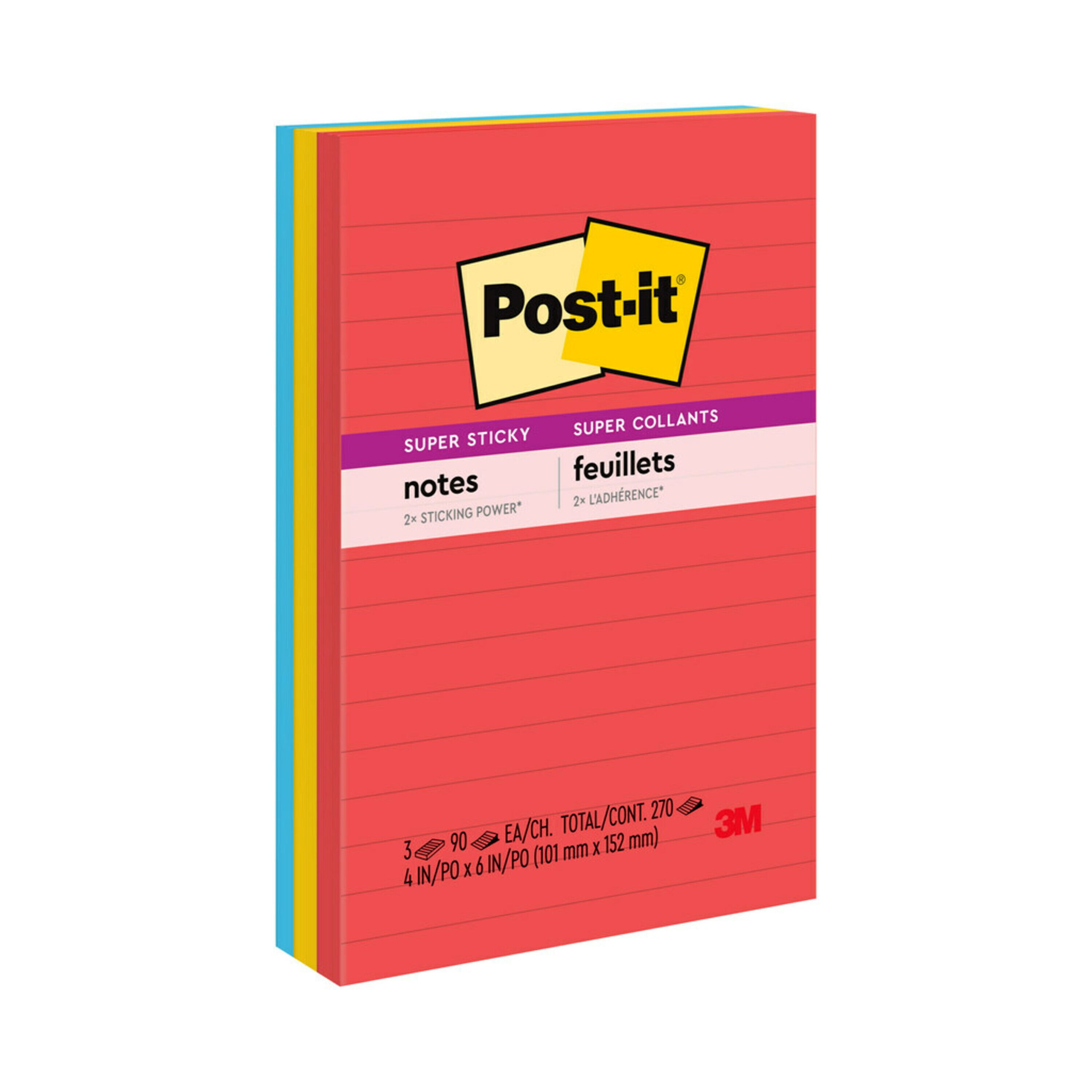 Post-it Super Sticky Lined Notes, Playful Primaries Collection, 4 in. x ...