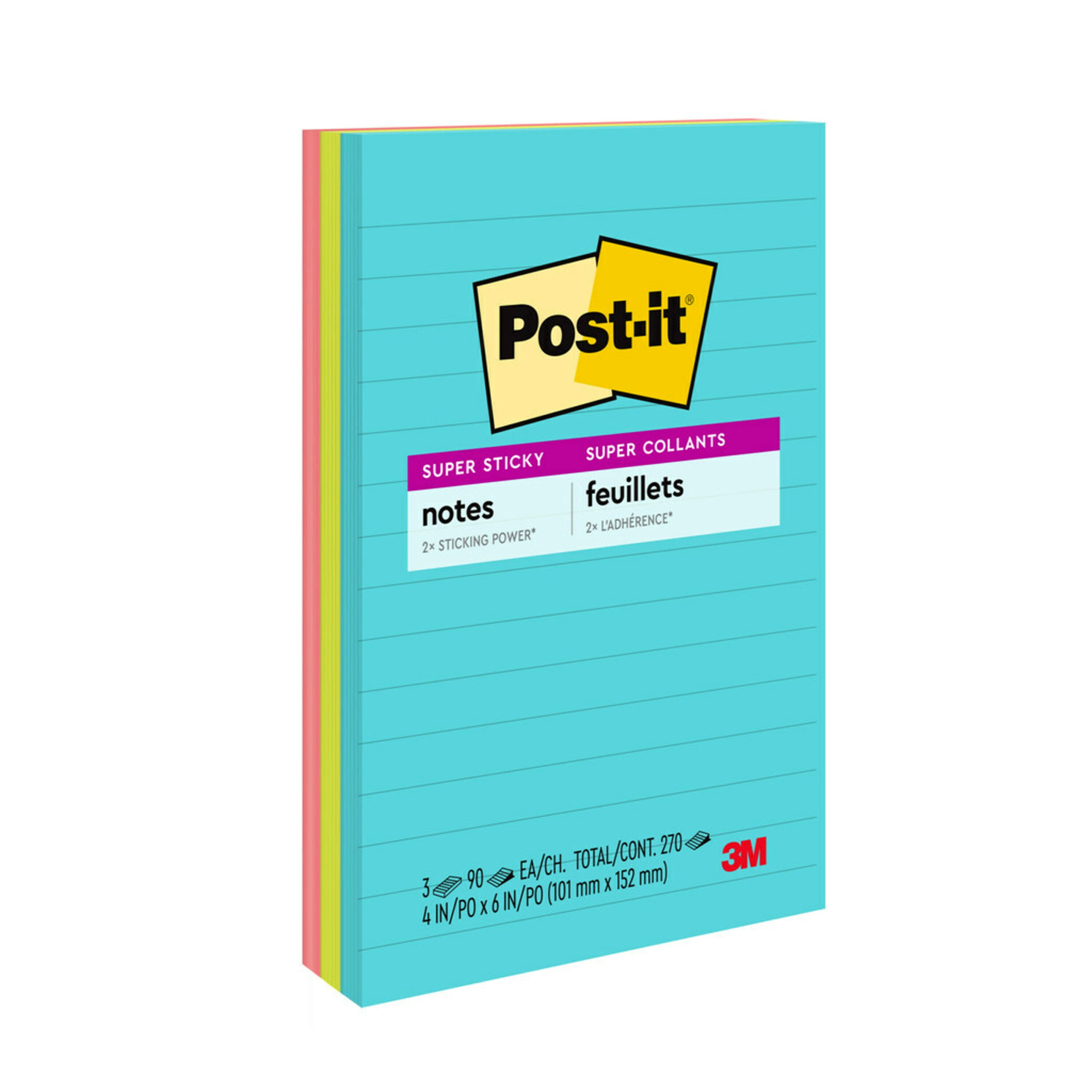 Post-it Super Sticky Lined Notes, Supernova Neons Collection, 4 in. x 6 ...