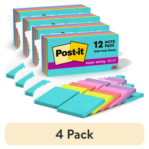 (4 pack) Post-it Super Sticky Notes, 3 in. x 3 in., Supernova Neons, 12 ...