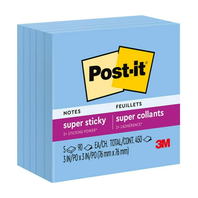 Post-it Super Sticky Notes, 3" x 3" , Blue, 5 Pads/Pack - Walmart.com