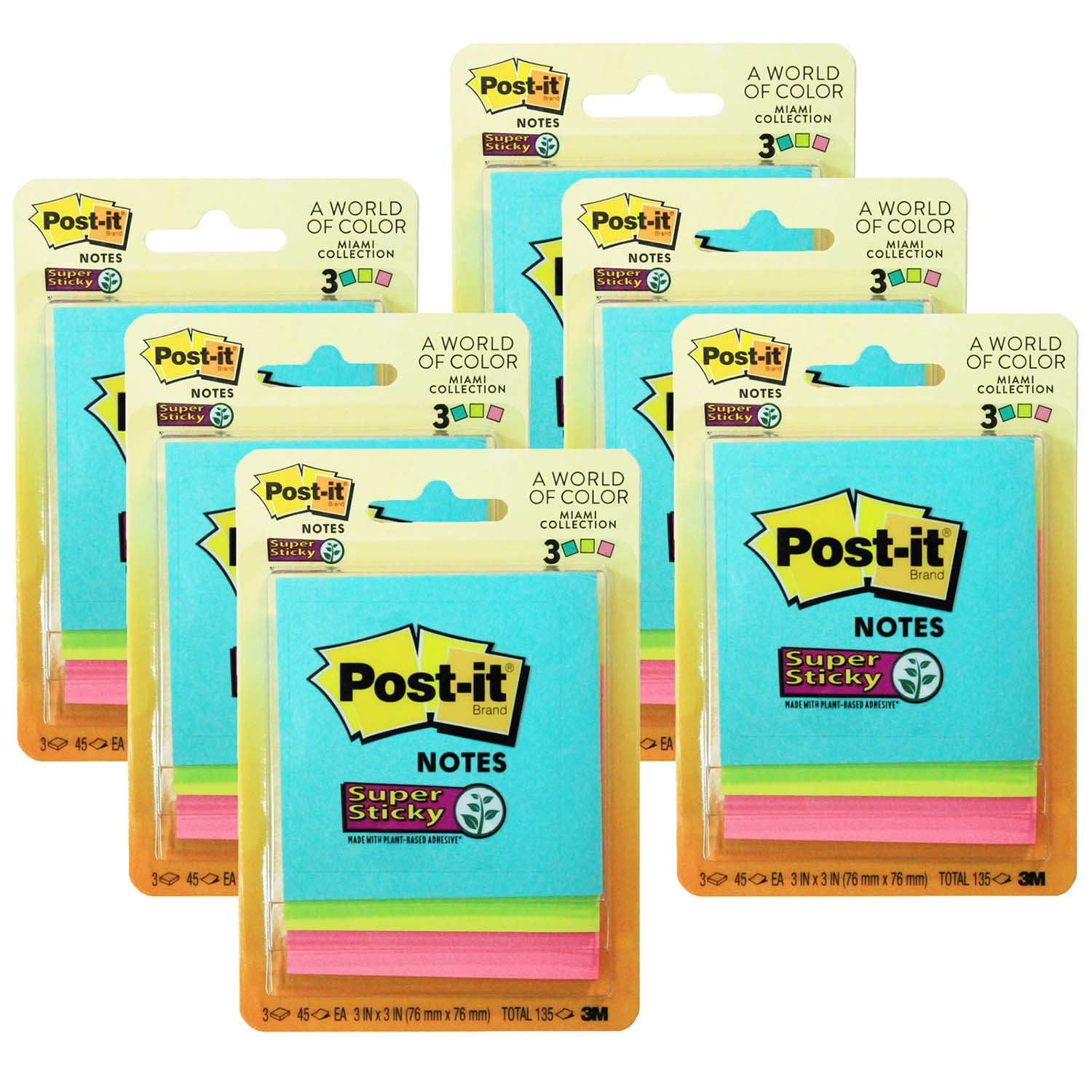 Post-it Super Sticky Notes, 3" x 3", Miami Collection, 3 Pads/Pack, 6 ...