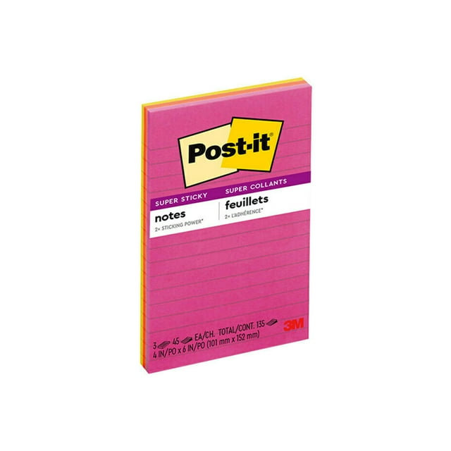 Post-it Super Sticky Notes, Lined, 4 in x 6 in, Assorted Brights, 3 ...