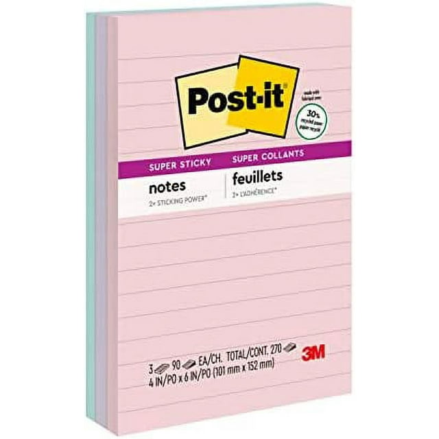Post-it 4x6 in Super Sticky Recycled Notes, 3 Pads, Pastel Colors ...