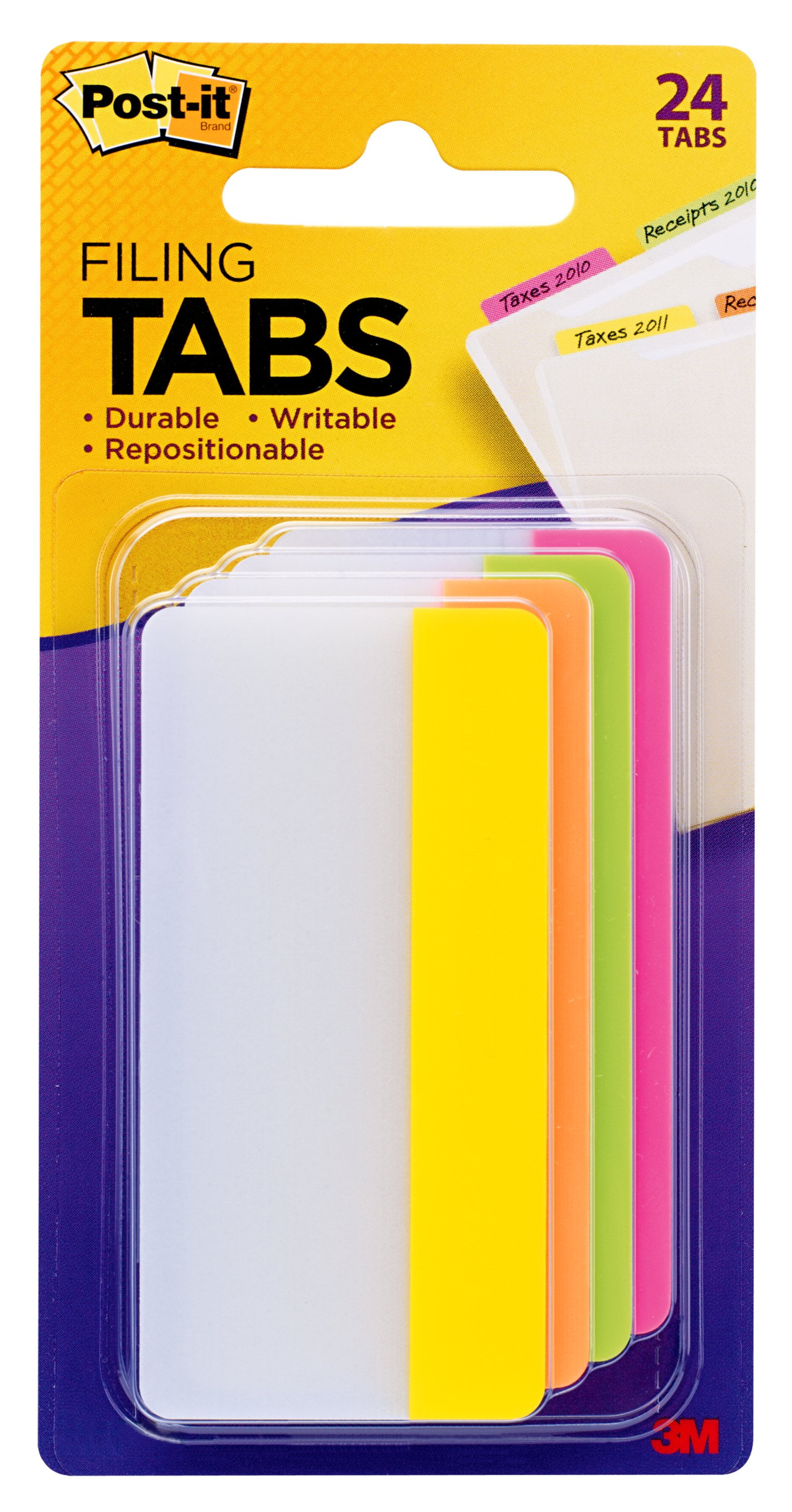 Post-it® Tabs, 3 in., Solid, Assorted Bright Colors, 6 Tabs/Color, 4 ...