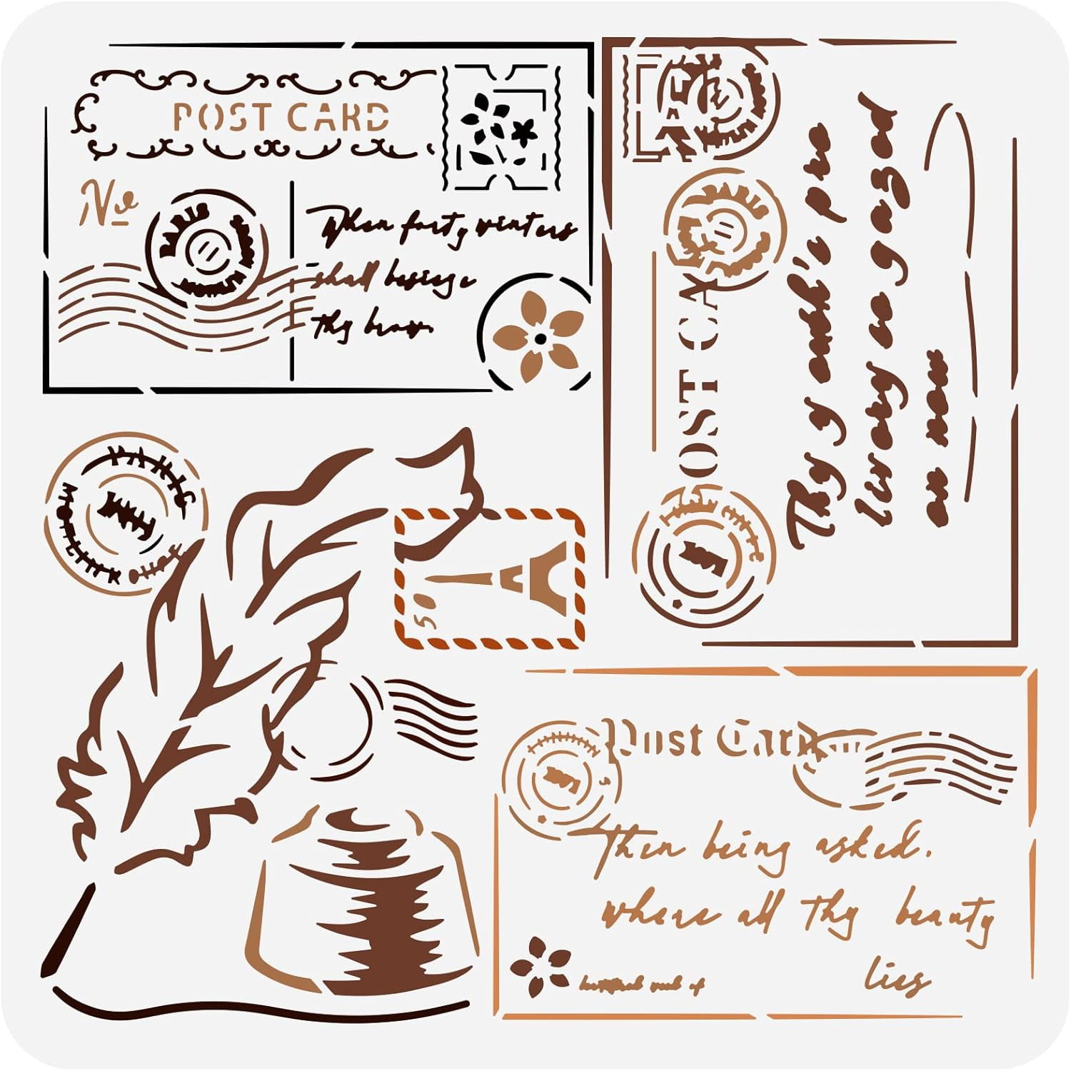 Postcard Stencil 30x30cm French Script Stencil Plastic Feather Ink ...