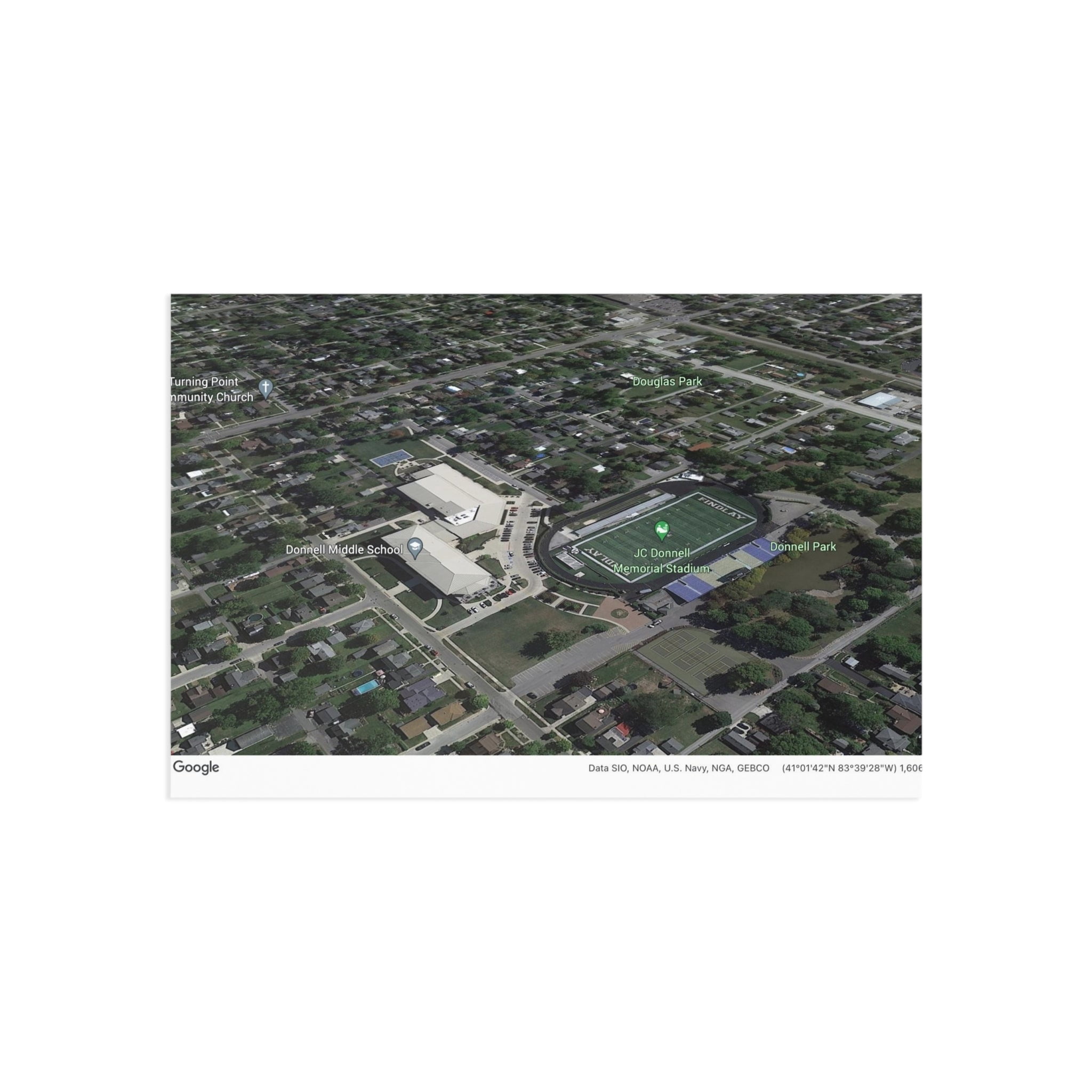 Postcards from Google Earth ️ Donnell School, Stadium, Pond Fine Art ...