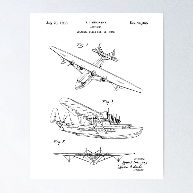 Poster 1933 Airplane Vintage Patent Blueprint White Background ...