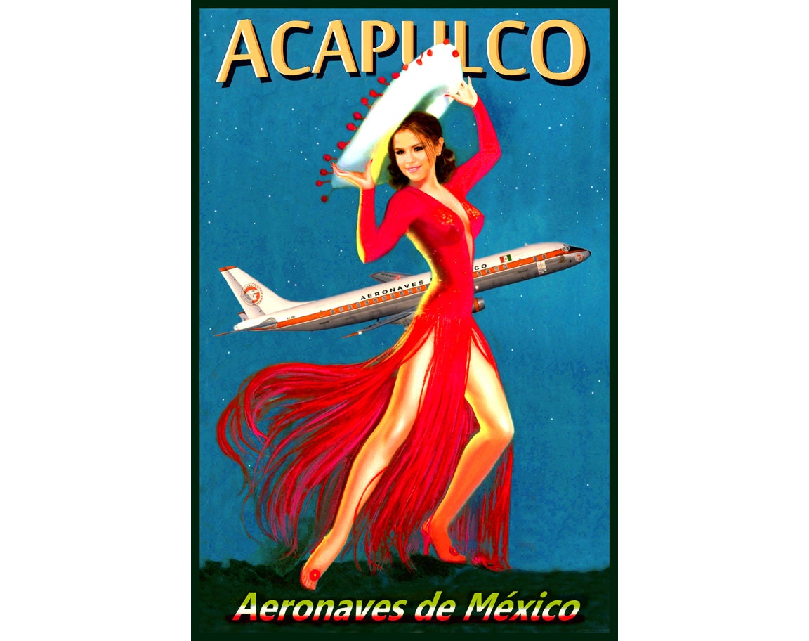 Poster Acapulco AERONAVES de MEXICO New Retro Airline Plane Travel ...