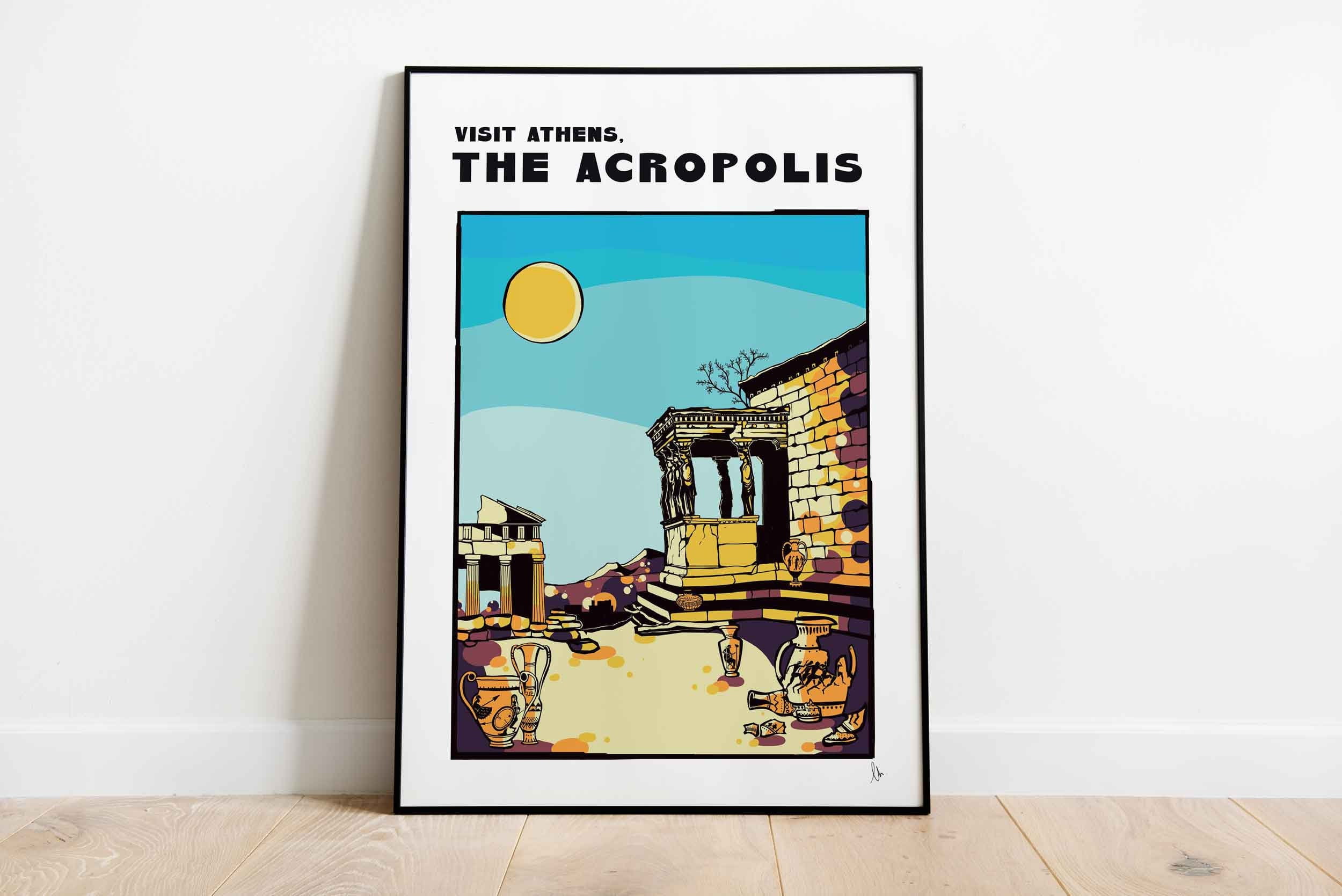 Poster Acropolis Athens Print, Erechtheion Travel Poster , Caryatids ...