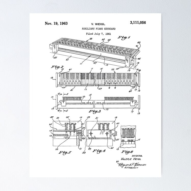 Poster Auxiliary Piano Keyboard 1963 Patent White Background - Unframed ...