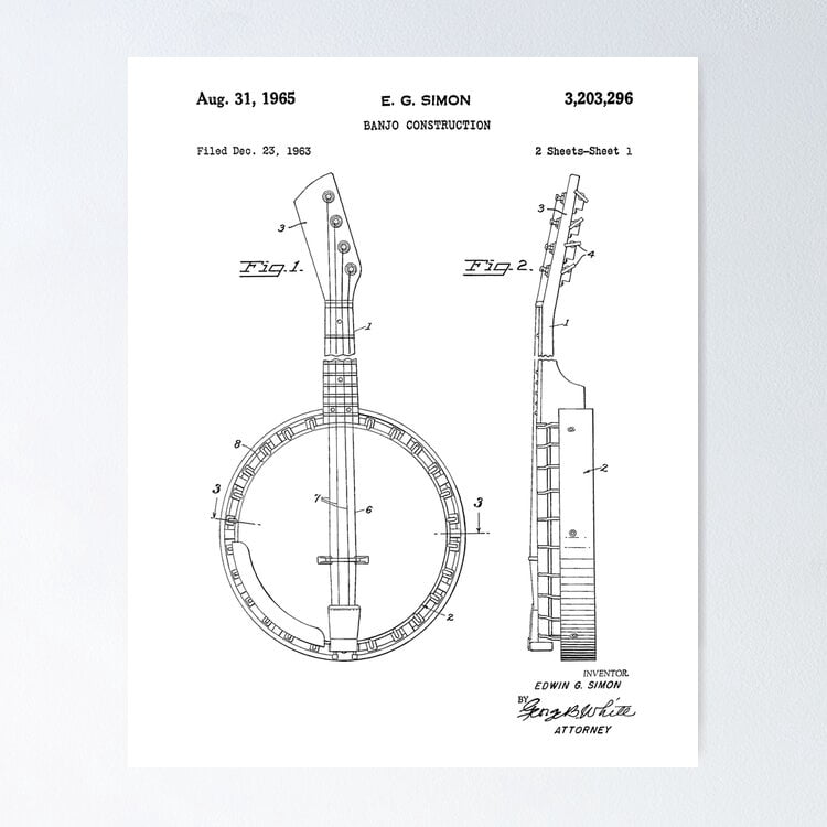 Poster Banjo Country Music Patent Art White Background - Unframed ...