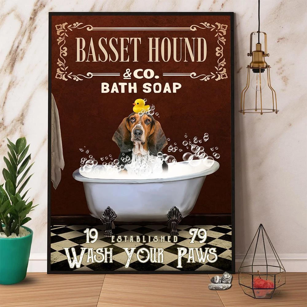 Poster Basset Hound & Co. Bath Soap Wash Your Paws Dog Satin, Wall Art ...