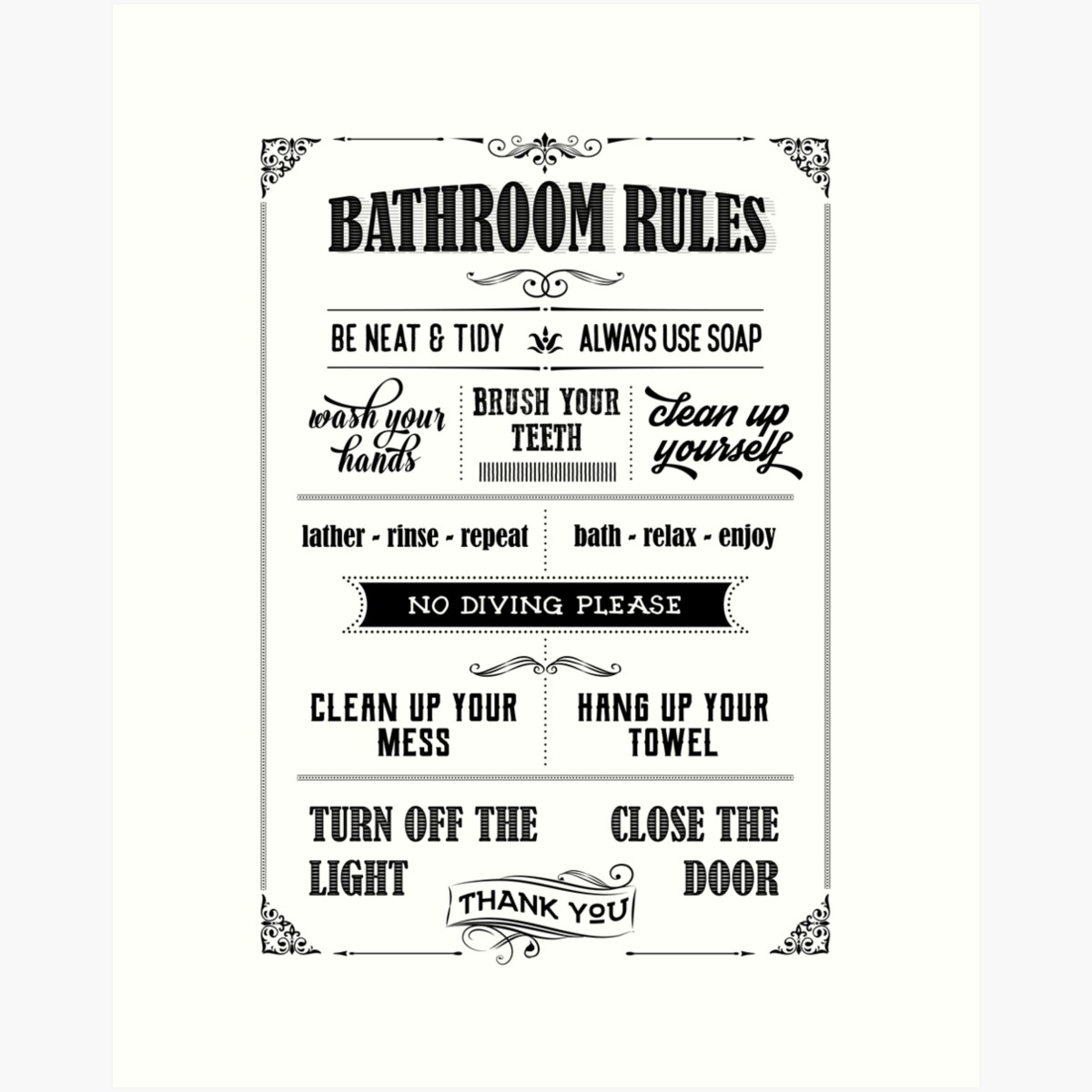 Poster Bathroom Rules Poster No Framed, 12x18 - Walmart.com