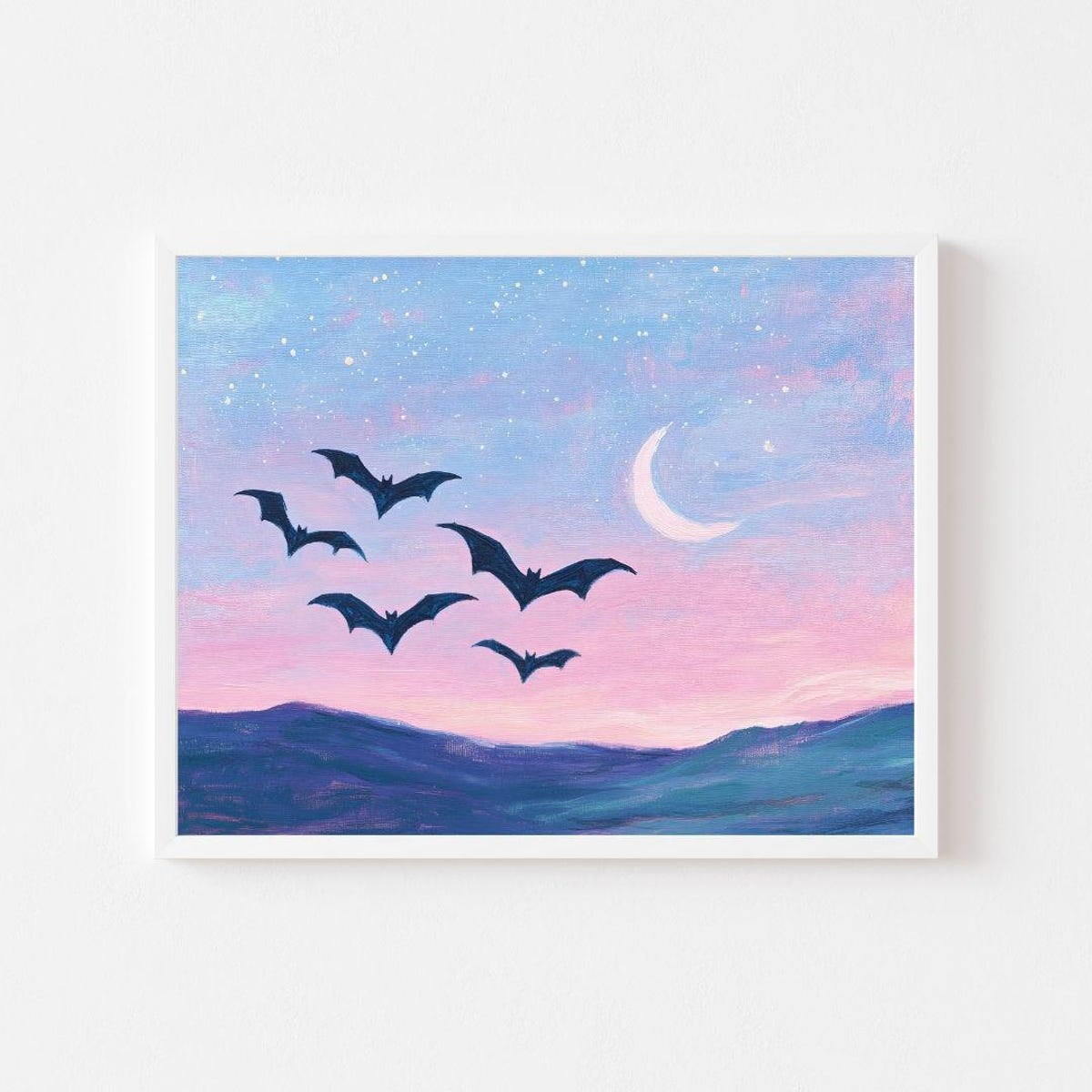 Poster Bats Flying At Night Painting | Pink Halloween Wall Art Print ...