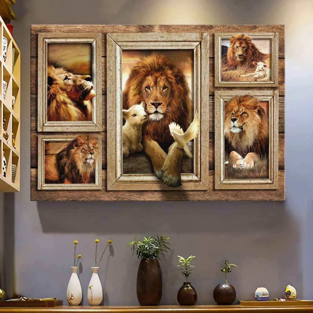 Poster Beautiful Lion And Lamb In Picture Frames Landscapeprint ...