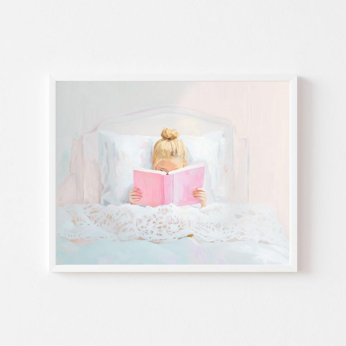 Poster Blonde Girl Reading In Bed Painting | Pink Book Lover Wall Art ...