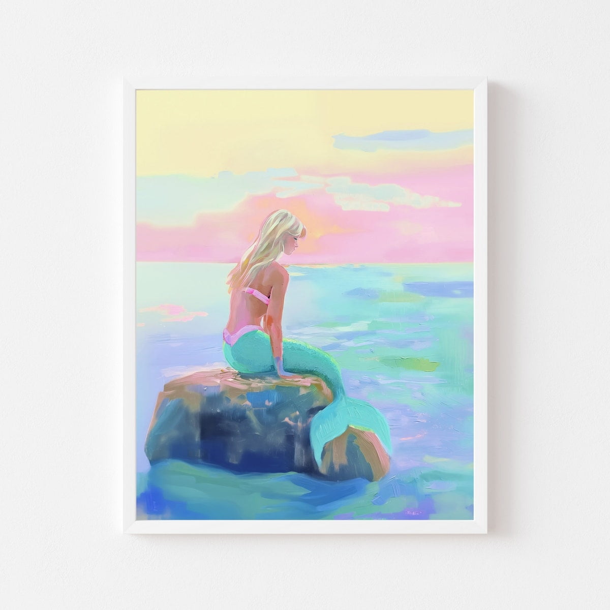 Poster Blonde Mermaid Painting | Colorful Pastel Coastal Wall Art Print ...