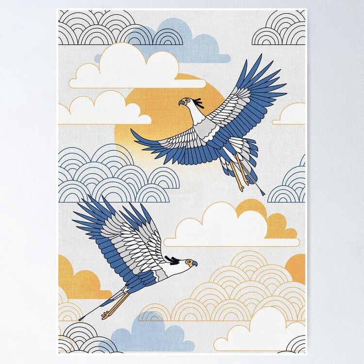 Poster Bold Oriental Style Secretary Birds - Soft Skies Poster - No ...